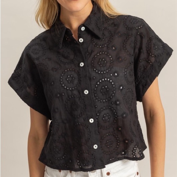 Tops | Black Polo Button Down Shirt Lightweight Eyelet Button Down Short Sleeve Shirt | Poshmark